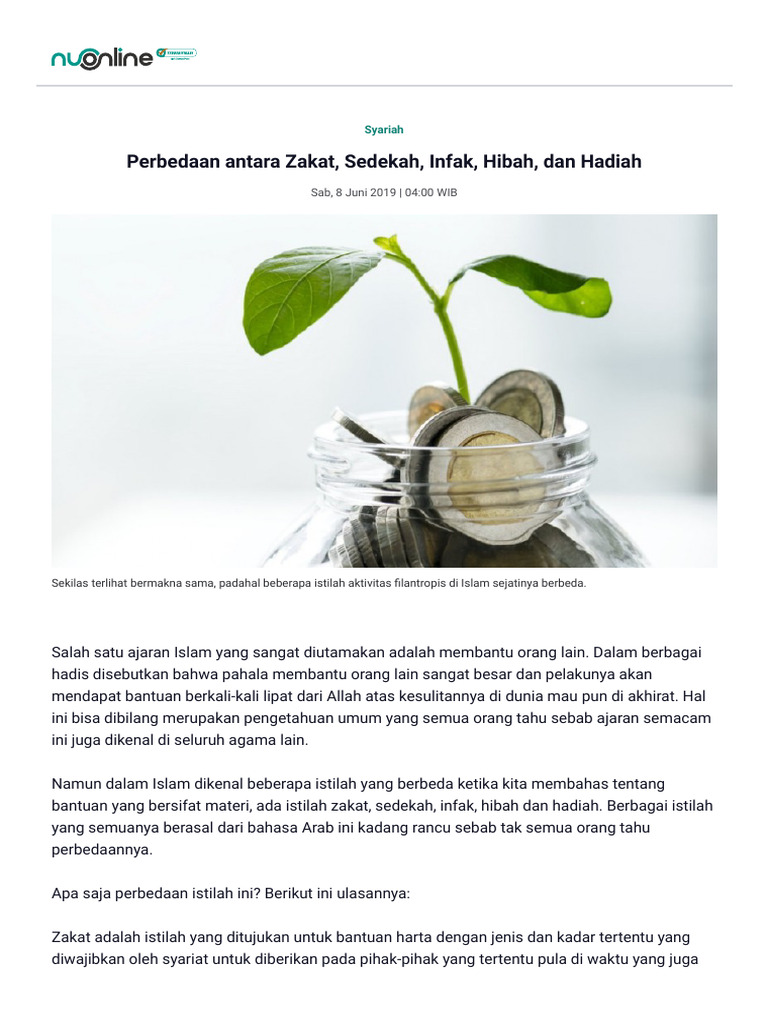 Perbedaan Antara Zakat, Sedekah, Infak, Hibah, Dan Hadiah | PDF