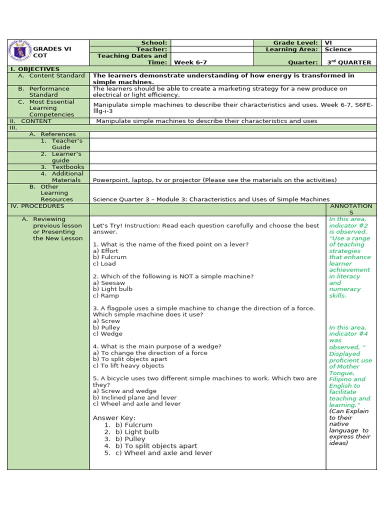 Simple Machines Lesson Plan for Grade 6 | PDF | Machines | Lever