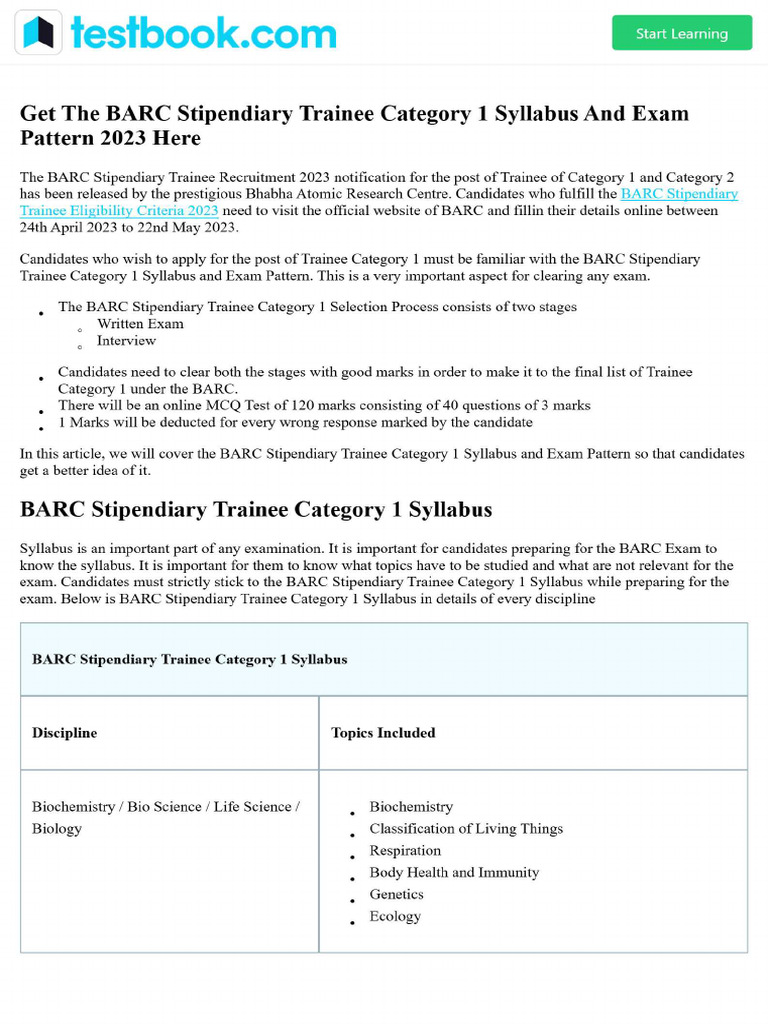 Get The BARC Stipendiary Trainee Category 1 Syllabus and Exam Pattern ...