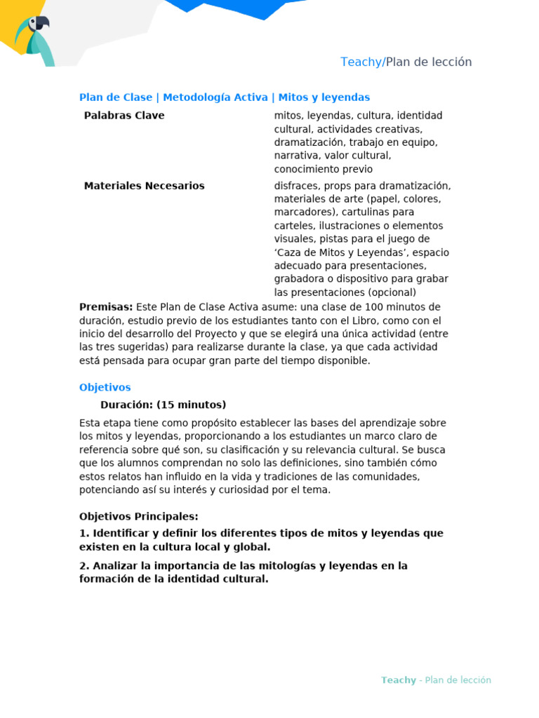 Mitos y Leyendas: Plan de Clase Activa | PDF | Aprendizaje | Leyendas
