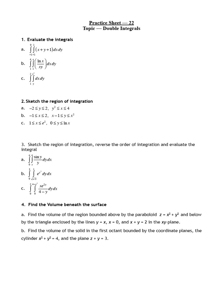 Practice Sheet 22 Double Integrals | PDF | Mathematical Analysis ...