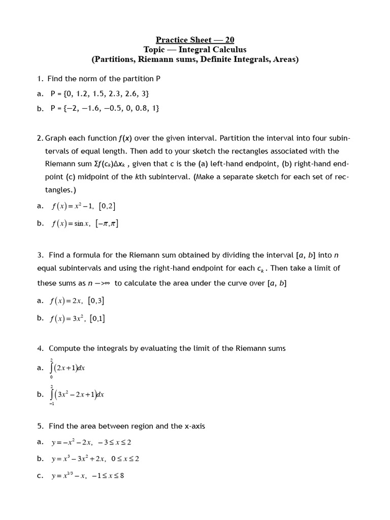 Practice Sheet 20 Integral Calculus | PDF | Integral | Mathematical Concepts