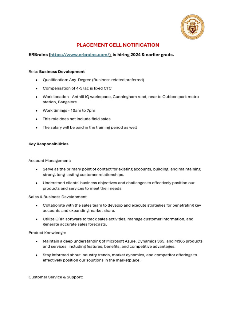 PLACEMENT CELL NOTIFICATION - ERBrains | PDF | Business | Business ...
