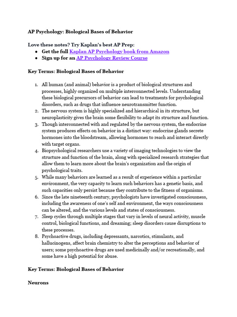 AP Psychology_ Biological Bases of Behavior | PDF | Neurotransmitter ...