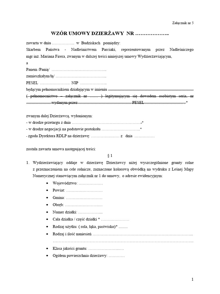 Załącznik NR 5 - Wzór Umowy Dzierżawy | PDF