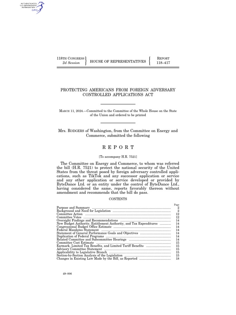 Protecting Americans from Foreign Apps | PDF | United States House Of ...