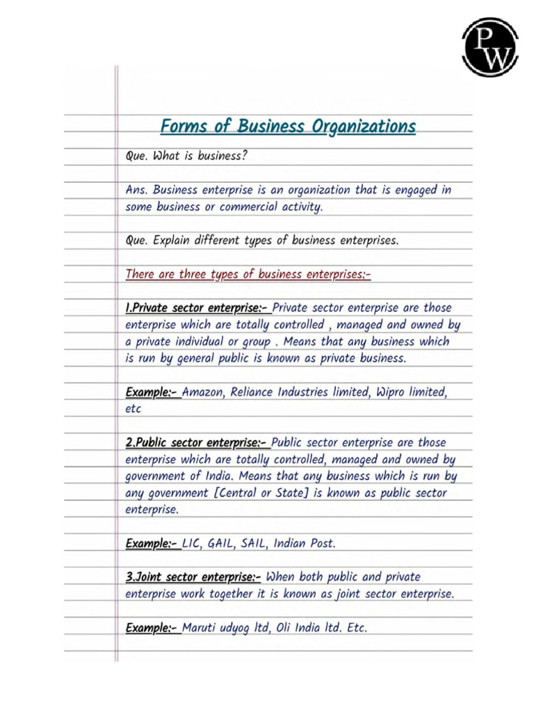 Forms of Business Organisation _ Handwritten Notes __ (Aarambh 2024) | PDF