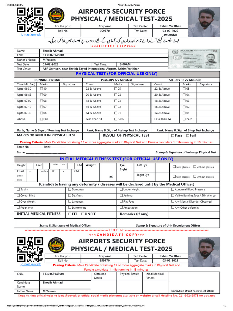 ASF Physical Medical Test 2025 Details | PDF | Medicine | Human ...