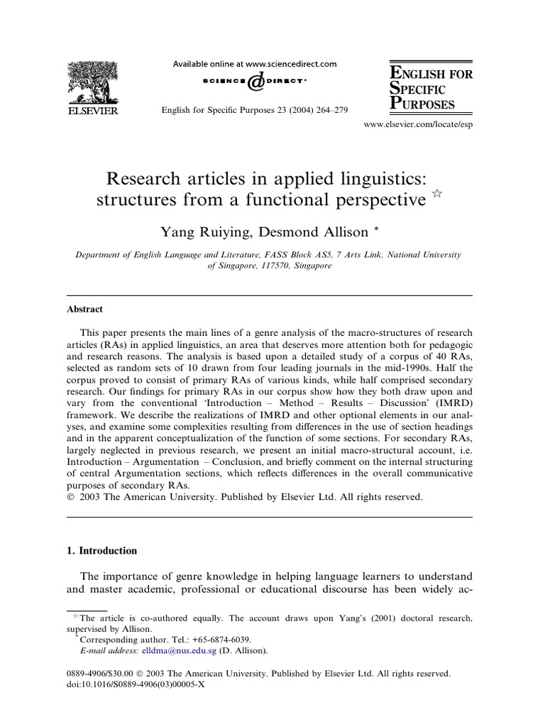 ESP Ruying & Allison Reasearch Articles Structures | PDF | Linguistics | Pedagogy