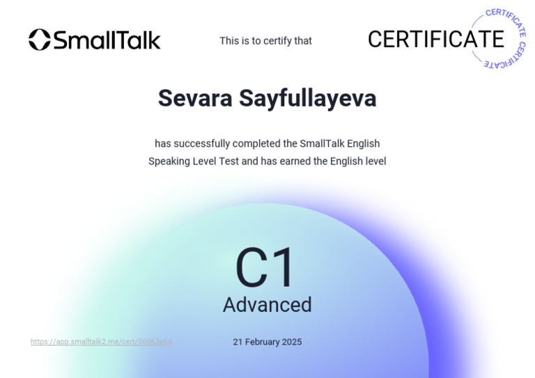 C1 English Level Certificate for Sevara | PDF