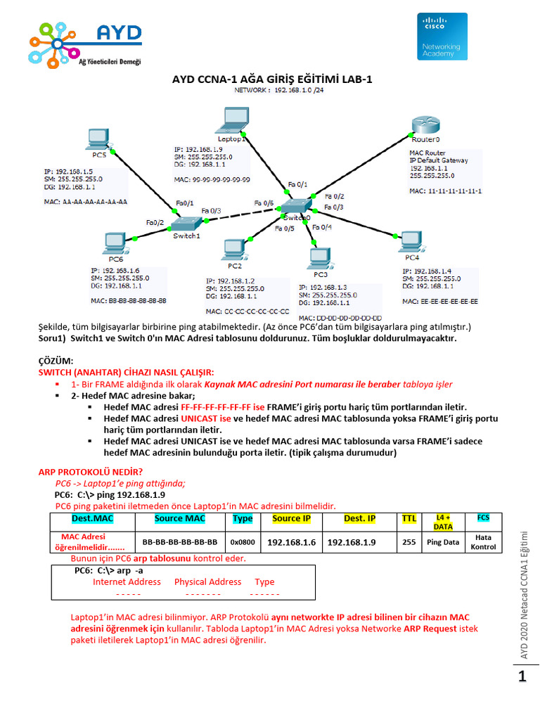 !AYD CCNA1 Lab3 MAC Ve ARP Uygulamasi CozumDokumani | PDF