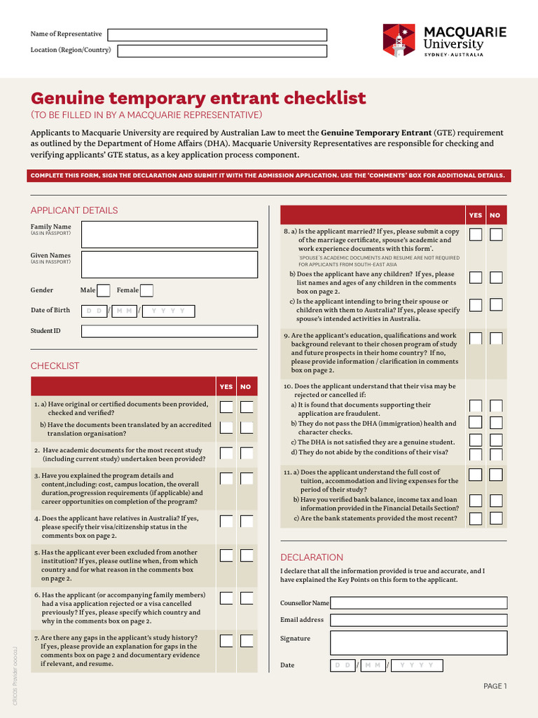 Macquarie University GTE Checklist | PDF | Travel Visa | Government And Personhood