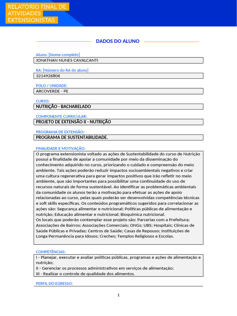 RELATÓRIO FINAL - JONATHAN NUNES | PDF | Sustentabilidade | Obesidade