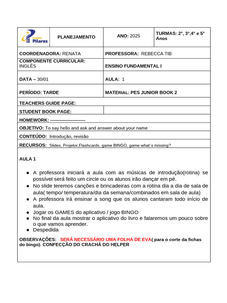 Planejamento Aula de Inglês 2025 | PDF