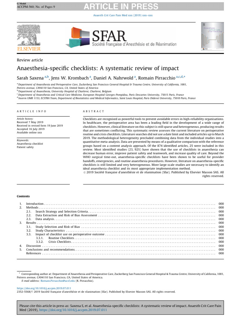 Anaesthesia-specific checklists A systematic review of impact | PDF ...