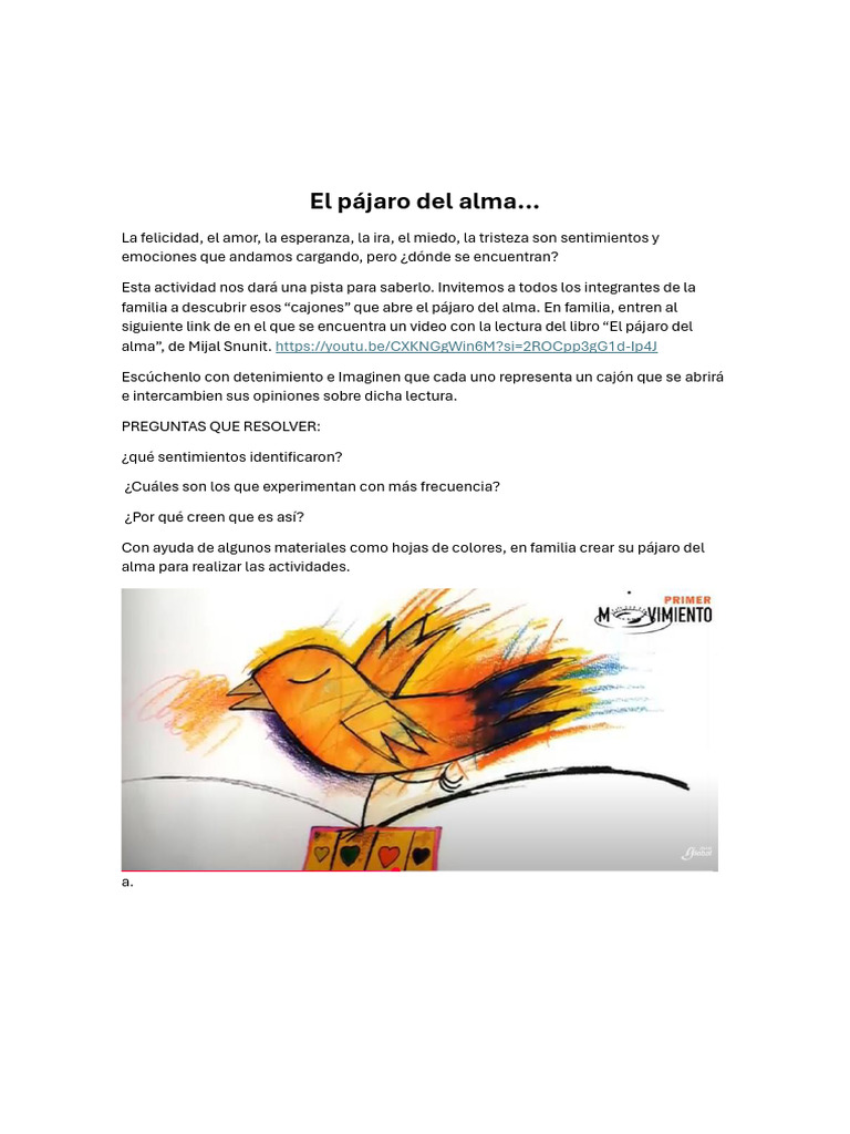 Actividades del libro "El pájaro del alma" | PDF