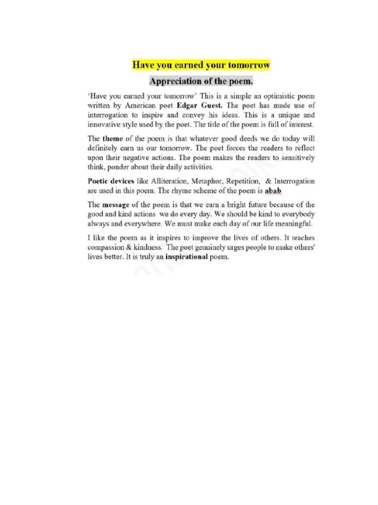 Appreciation - Have You Earned Your Tomorrow | PDF