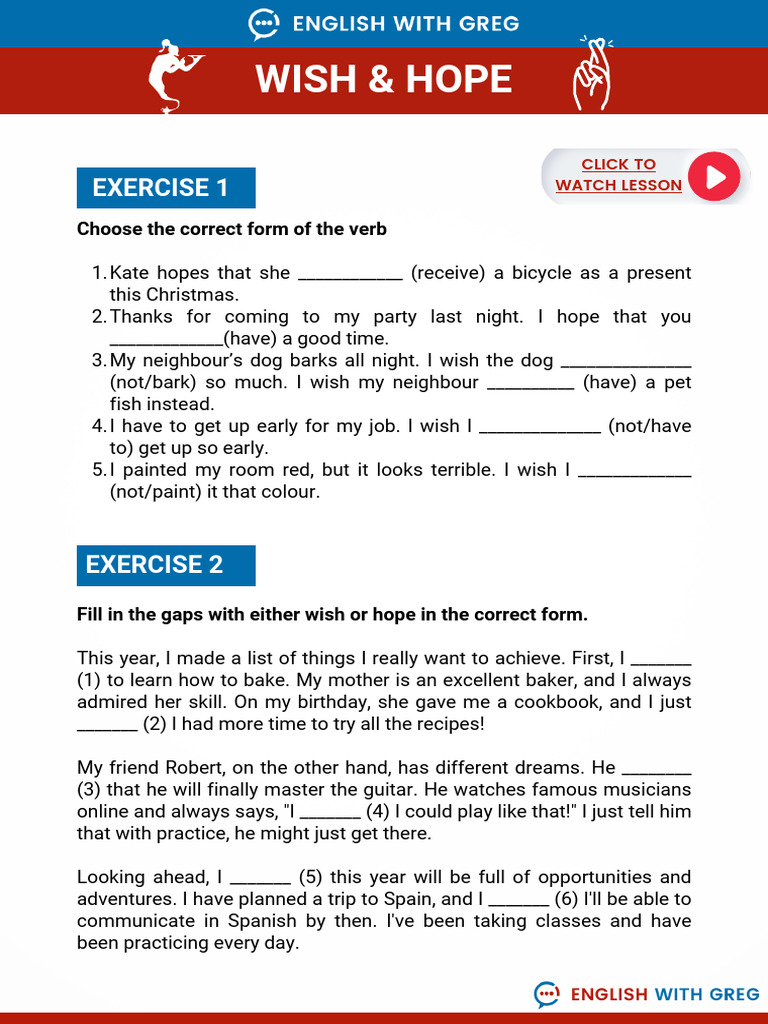 Wish and Hope Exercises with Answers | PDF