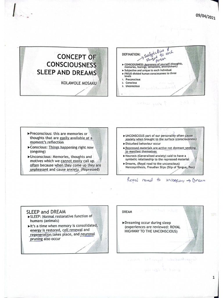 Concept of Consciousness, Sleep and Dreams. Kolawole Mosaku | PDF