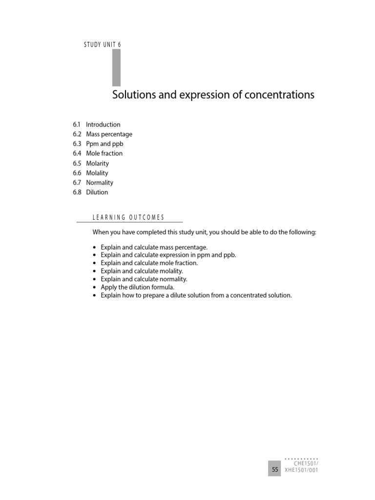 Study Unit 6 - Solutions and Expression of Concentrations | PDF | Concentration | Parts Per Notation