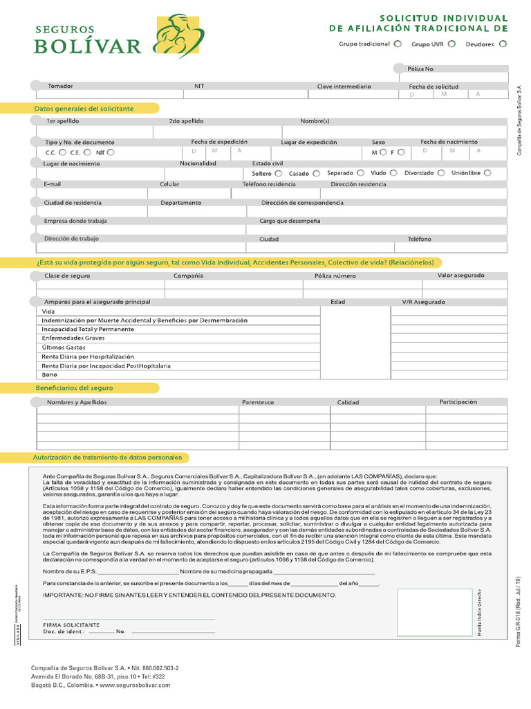 Formulario Afiliación Seguro de Vida Bolivar | PDF | Póliza de seguros ...