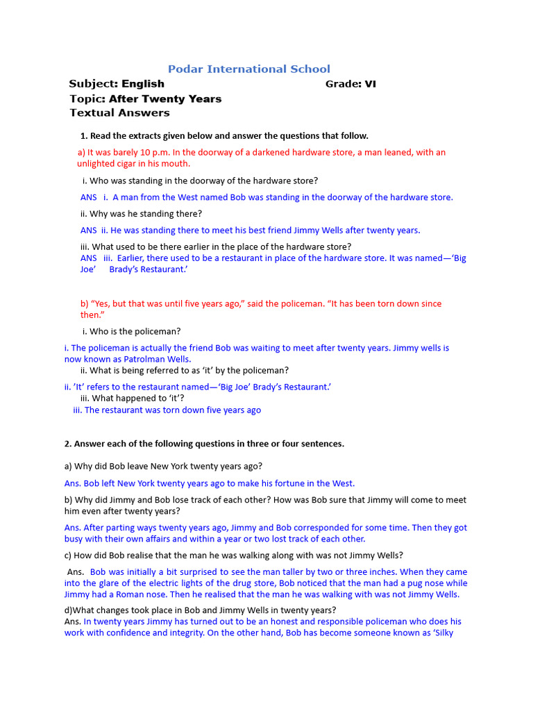 English Grade VI: After Twenty Years Analysis | PDF