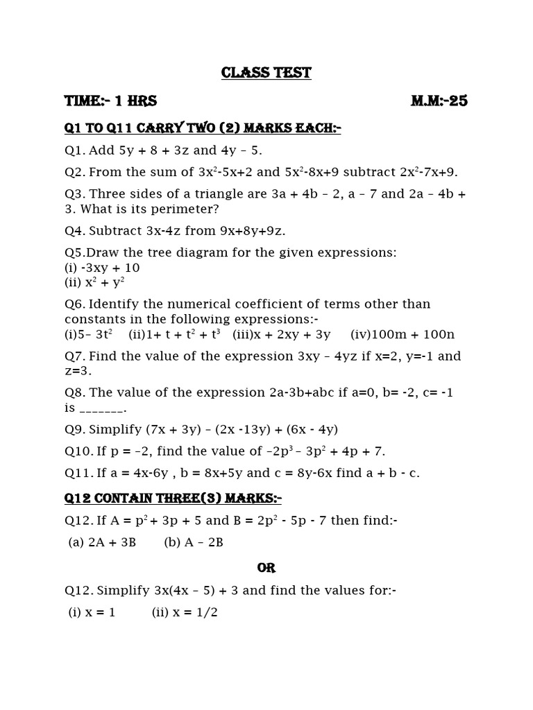 Class Test: Algebra and Expressions | PDF