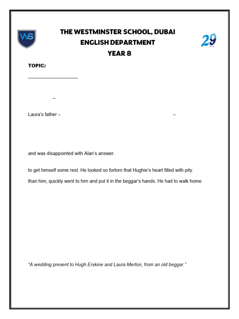 Yr 8-The Model Millionaire - Worksheet Questions | PDF