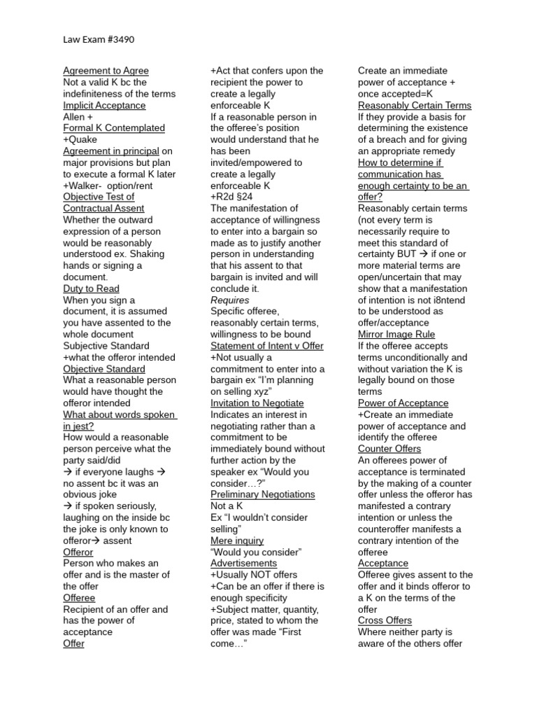 Contract Quiz Study Guide | PDF | Offer And Acceptance | Legal Ethics