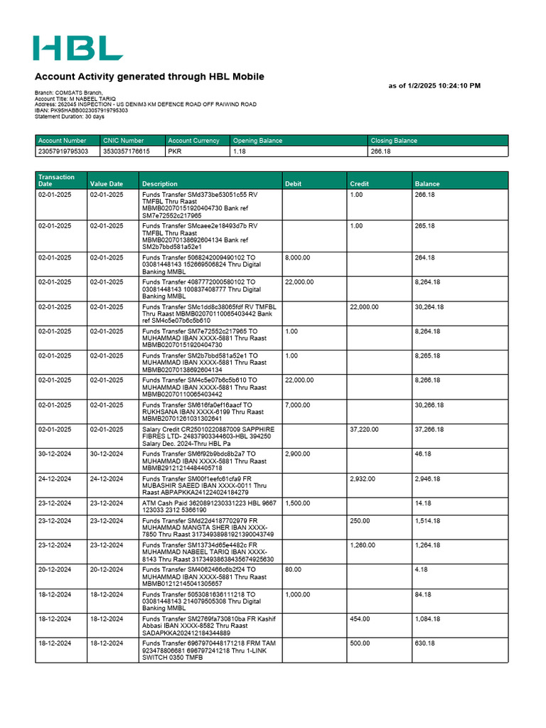 HBL Mobile Account Activity Report | PDF | Banks | Debit Card