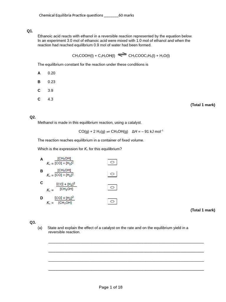 Chemical Equilibria Practice 60 Marks | PDF | Chemical Equilibrium | Chemical Reactions