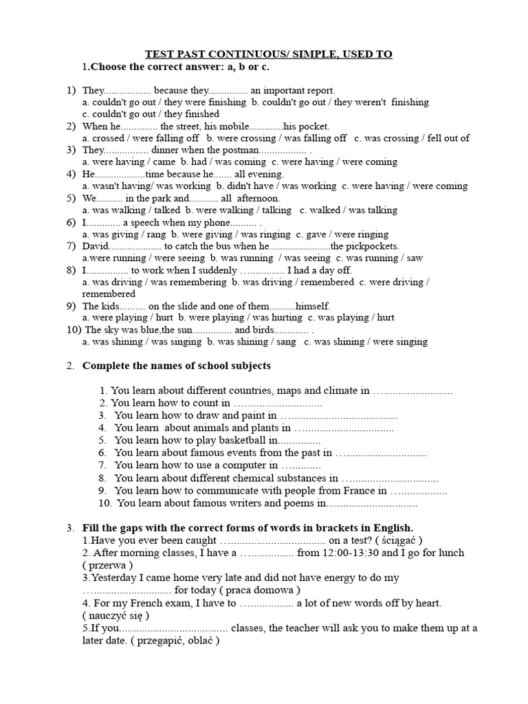 Past Simple Continuous Used To Ćwiczenia | PDF
