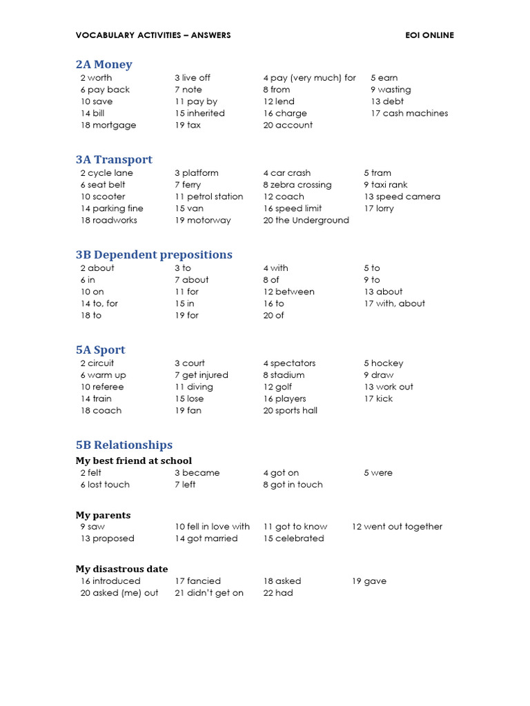 B1 Vocabulary Activities and Answers | PDF