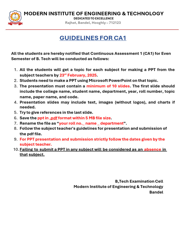 CA1 Guidelines for B. Tech Students | PDF