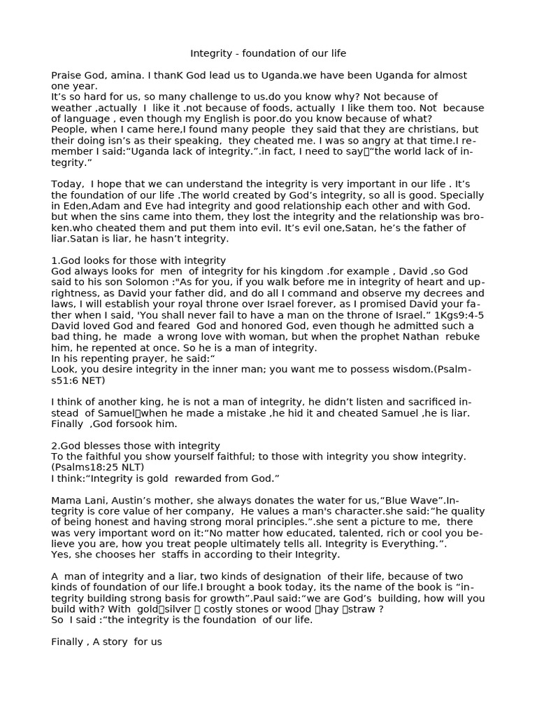 Integrity - foundation of our life | PDF | Integrity | David