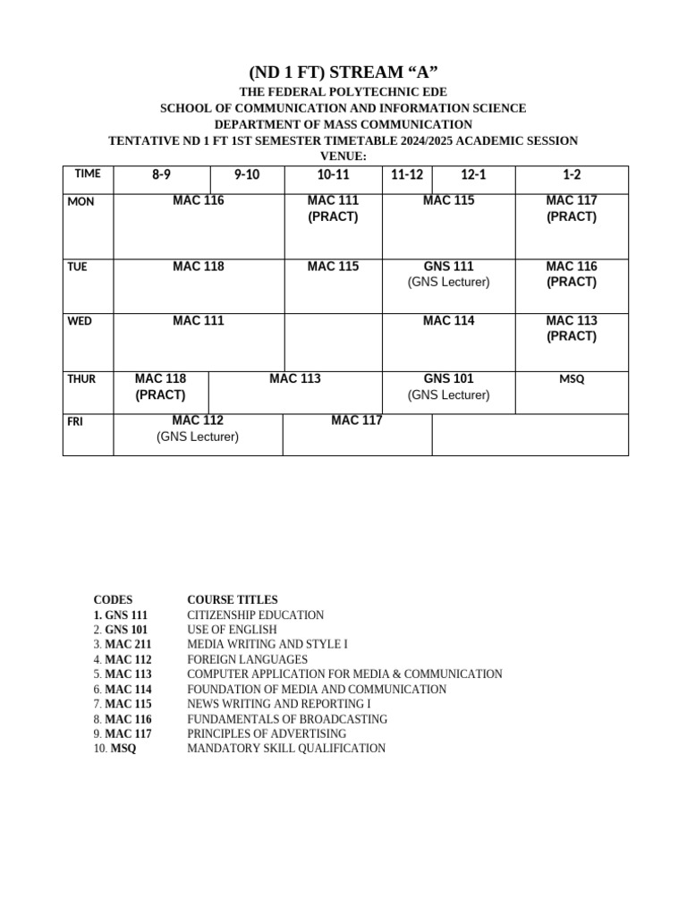 Ede Poly Mass Communication Timetable 2024 | PDF