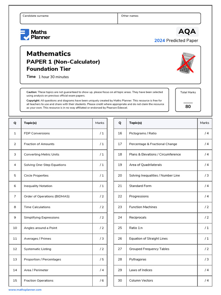 AQA Predicted 2024 Paper 1 Foundation | PDF | Area | Mathematics