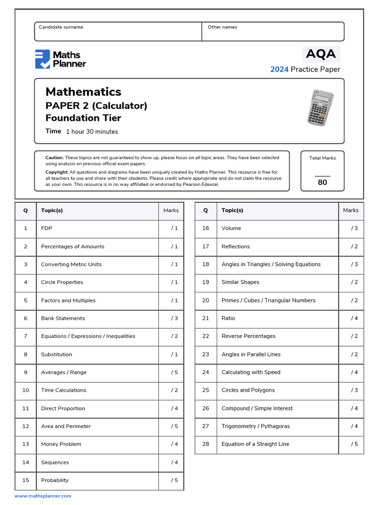 AQA May 2024 Paper 2 Foundation | PDF | Area | Elementary Geometry