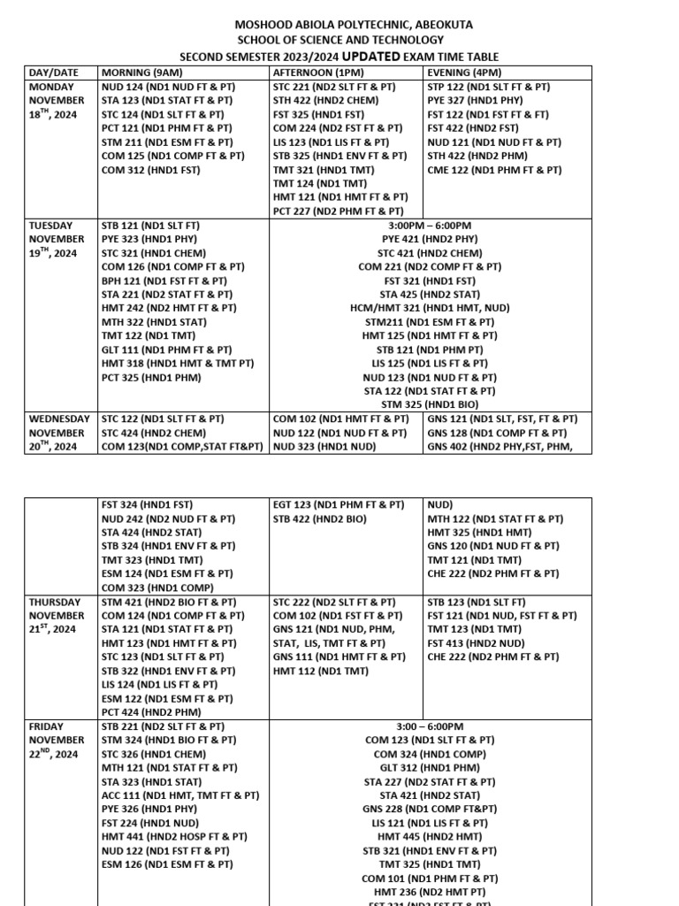 Updated Time Table | PDF