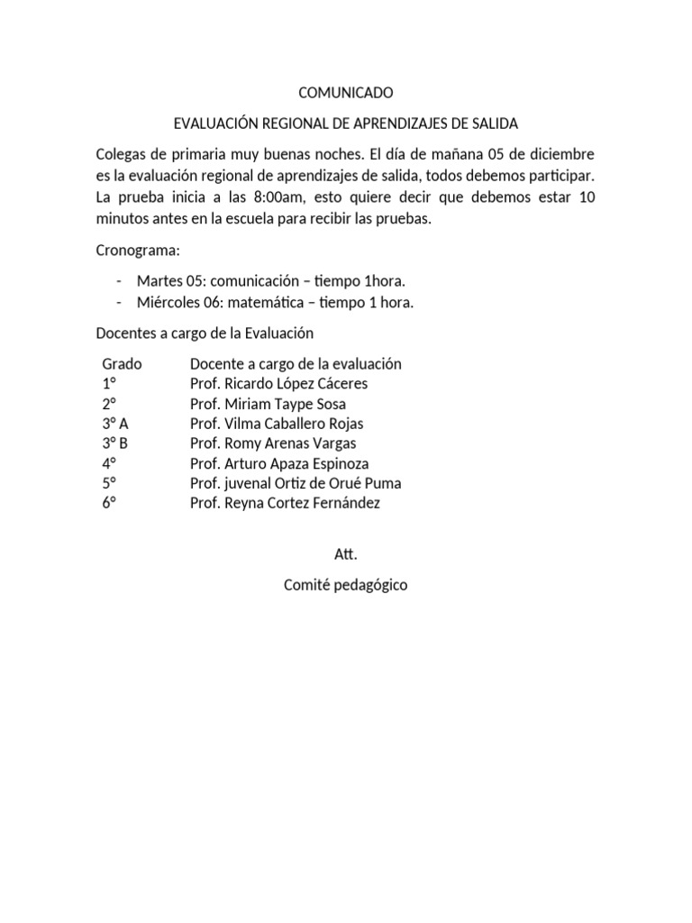 Comunicado Evaluación de Salida | PDF