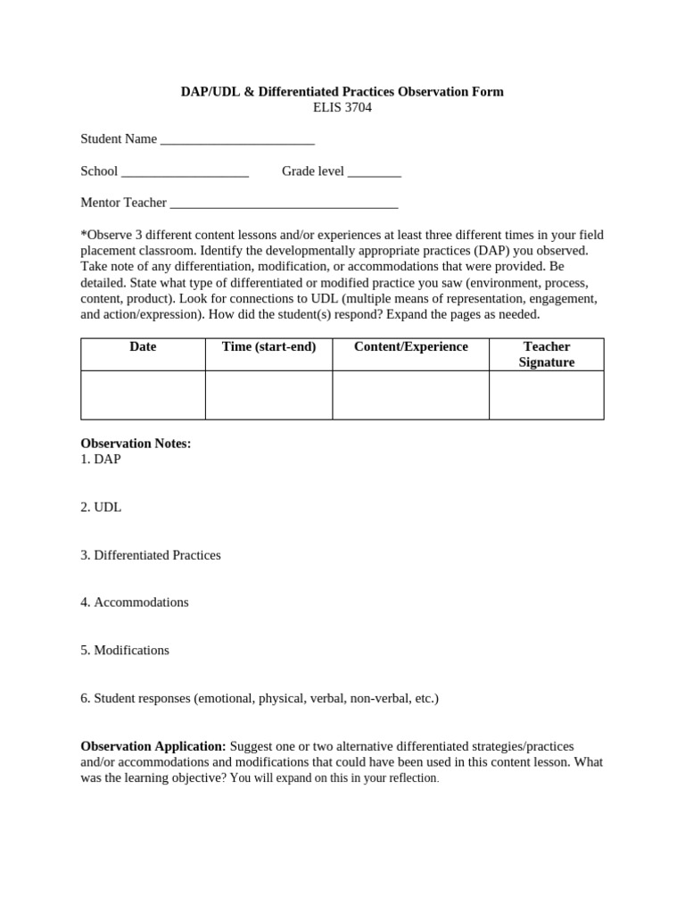 DAP and UDL Observation Form Guide | PDF | Learning | Nonverbal ...