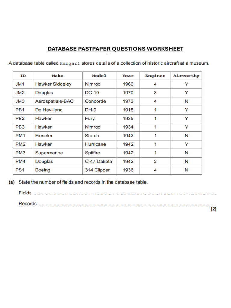 Database Pastpaper Questions Worksheet | PDF