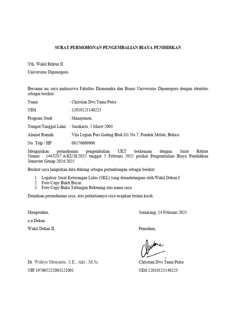 Surat Permohonan Pengembalian UKT Mahasiswa Akhir _250214_140731 | PDF