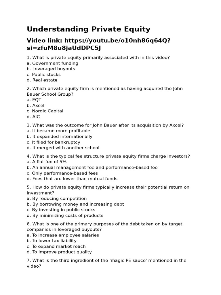 Understanding Private Equity - Questions Based On The Video | PDF ...