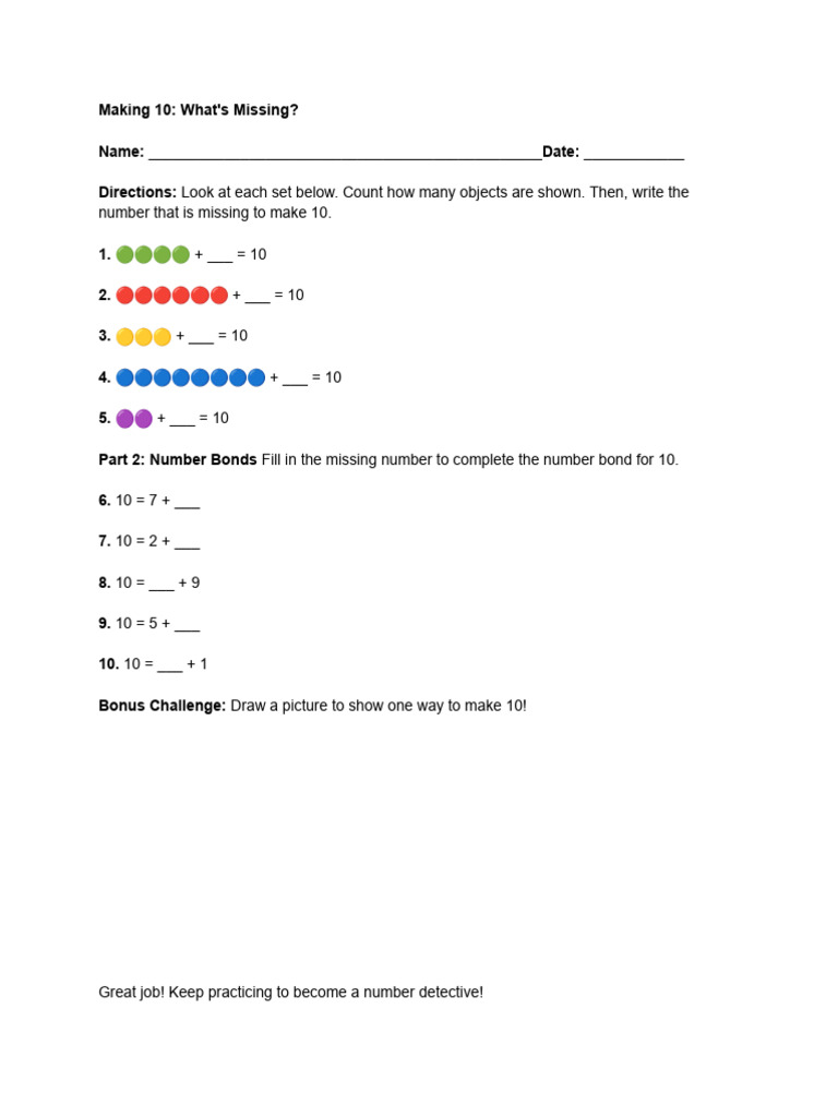 Missing Numbers to Make Ten | PDF