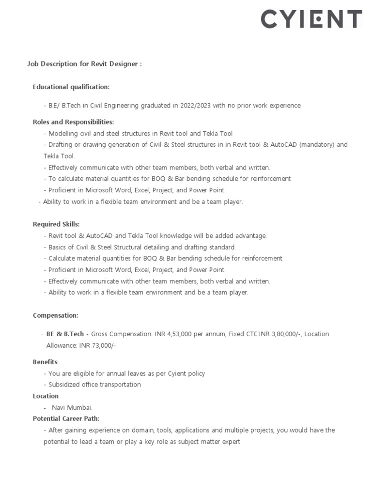 Revit Designer Job Description | PDF | Autodesk Revit | Microsoft Excel