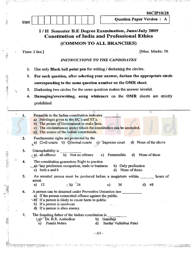 Constitution of India and Professional Ethics Sample Paper 6 | PDF
