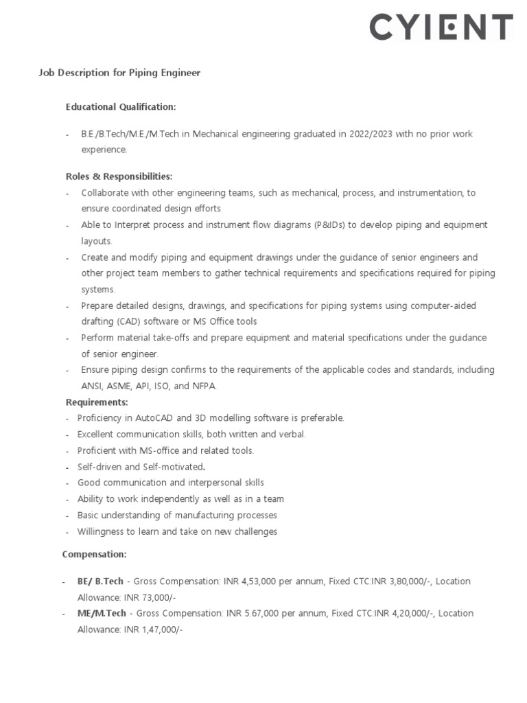 JD For Piping Engineer | PDF | Specification (Technical Standard)