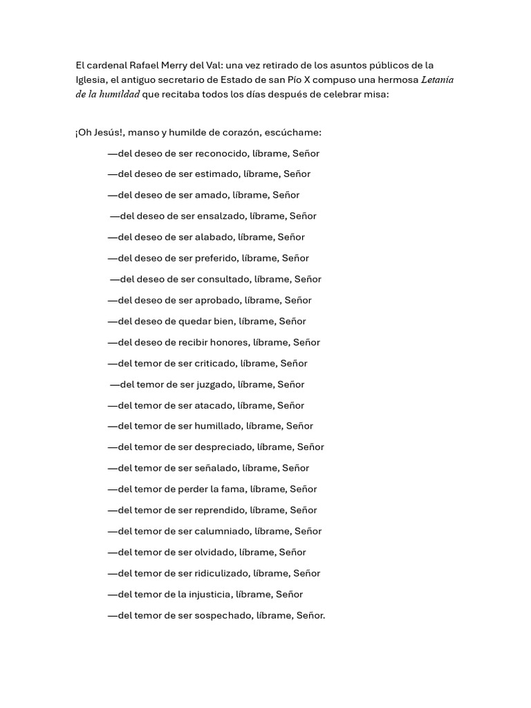 Letanía de la Humildad del Cardenal Merry del Val | PDF
