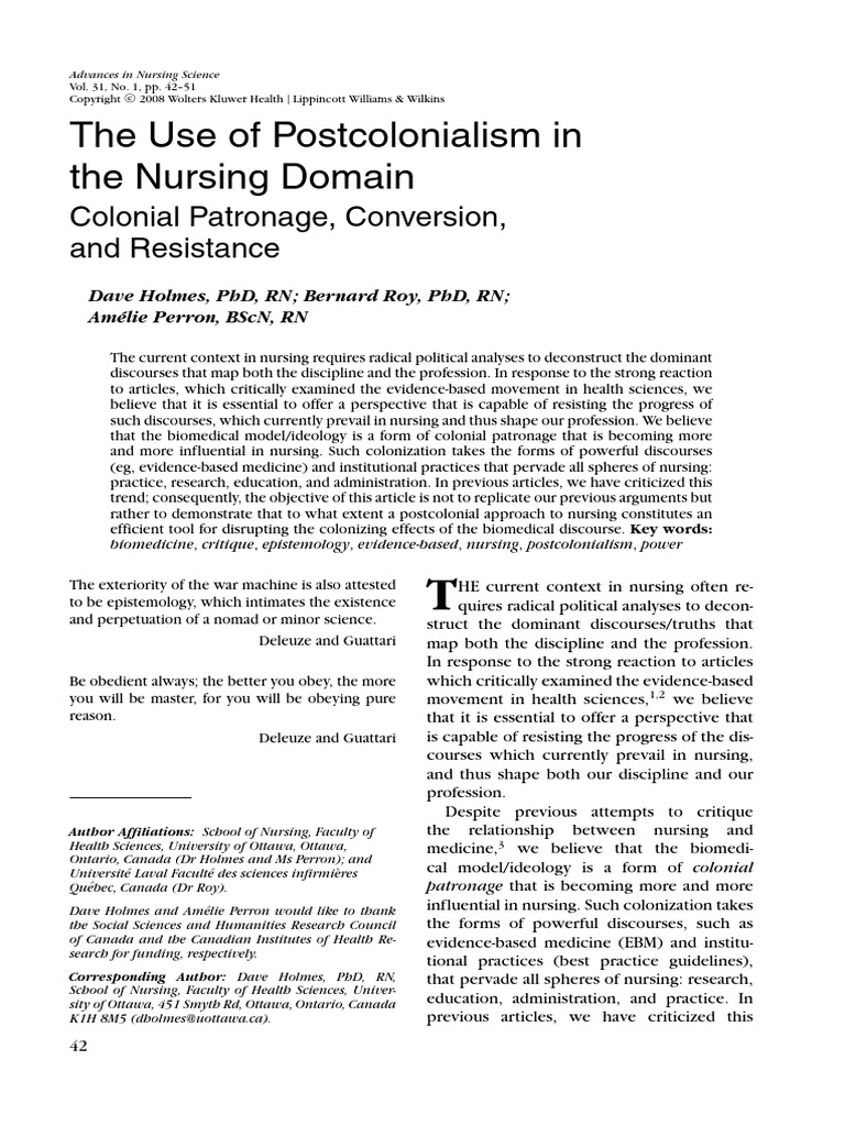 The Use of Postcolonialism in The Nursing Domain - Colonial Patronage, Conversion, and ...